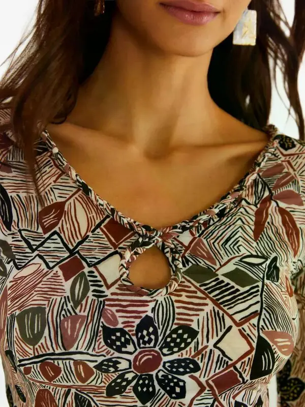 Farm Rio Floral & Geometric Print Keyhole Neck T-shirt