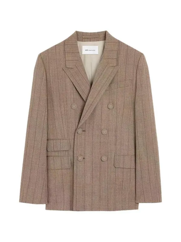 AMI Paris Double Breasted Striped Wool Blazer - Brown