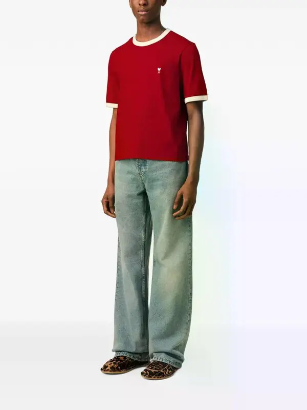 AMI Paris Contrasted Cotton T-shirt With De Coeur - Red