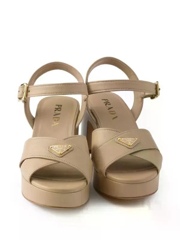 Prada Nappa Leather Platform Sandals With Logo Buckle - Neutrals