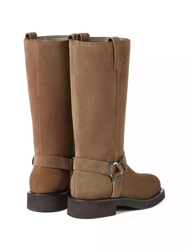 Brunello Cucinelli Suede Biker Boots With Shiny Loops - Brown