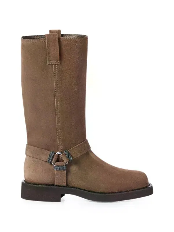 Brunello Cucinelli Suede Biker Boots With Shiny Loops - Brown