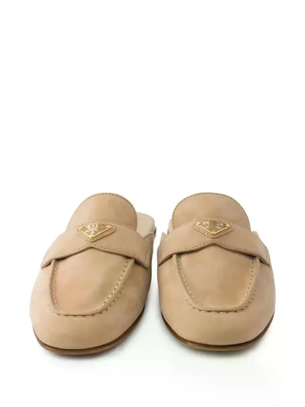 Prada Nubuck Leather Mules With Enamelled Triangle Logo - Neutrals