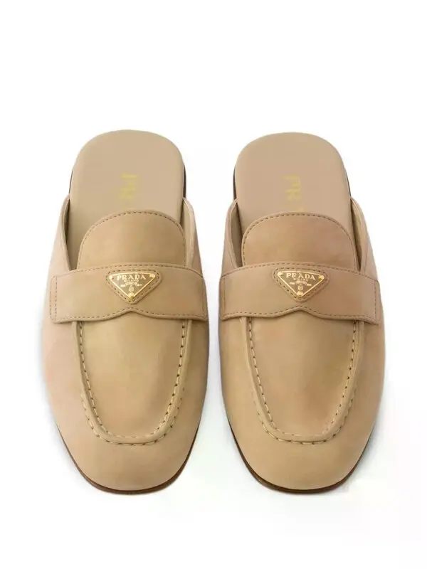 Prada Nubuck Leather Mules With Enamelled Triangle Logo - Neutrals