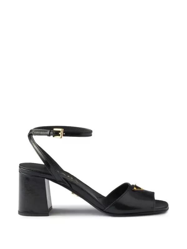 Prada Leather Heeled Sandals With Ankle Strap And Triangle Logo - Black