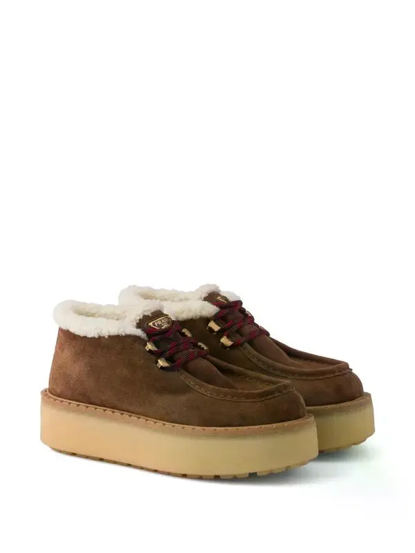 Prada Shearling Lined Suede Lace-up Flatform Boots - Brown