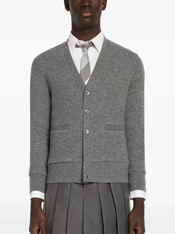 Thom Browne Cashmere Waffle Knit V-neck Cardigan - Grey