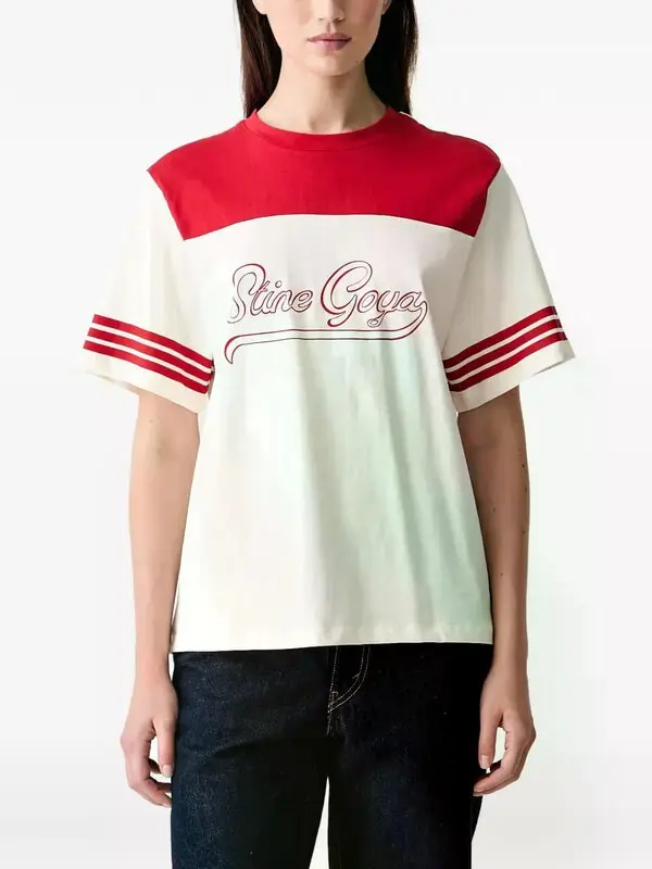 Stine Goya Logo-print Striped-sleeve T-shirt - Neutrals