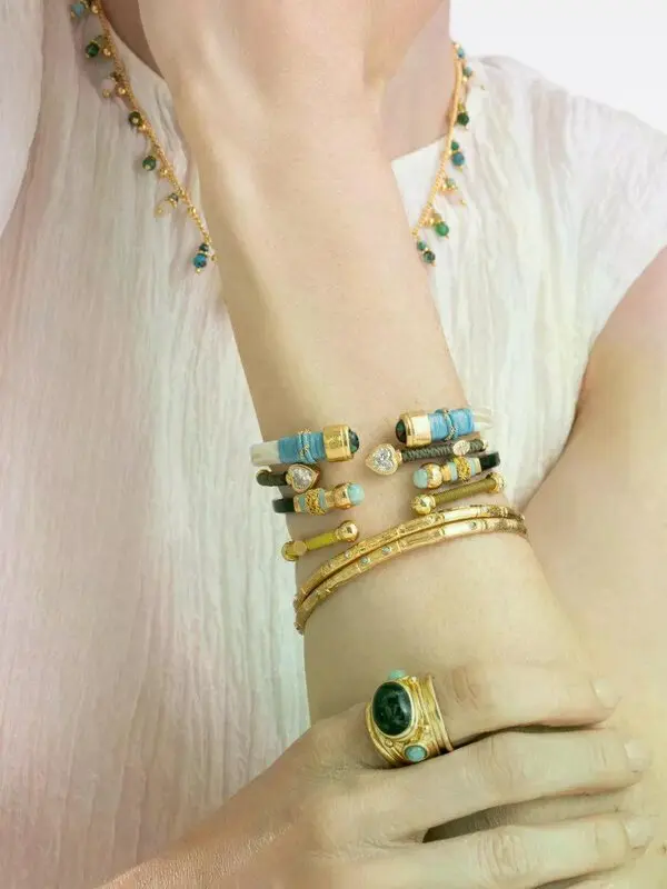 Gas Bijoux Tone Wrapped Thread Detail Cabochon Embellishment Sun Motif Open Cuff Bracelet