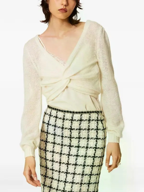 TWINSET Reversible Knit Shrug With Criss-cross Detail And Puff Sleeves - Neutrals