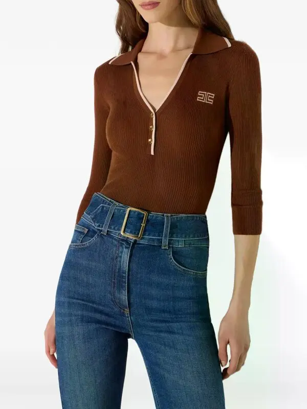 Elisabetta Franchi Ribbed-knit Polo Shirt With Sailor Collar - Brown