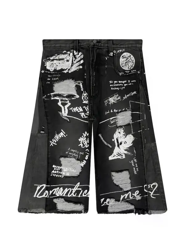 Astrum Dedication Graphic-print Denim Shorts - Black