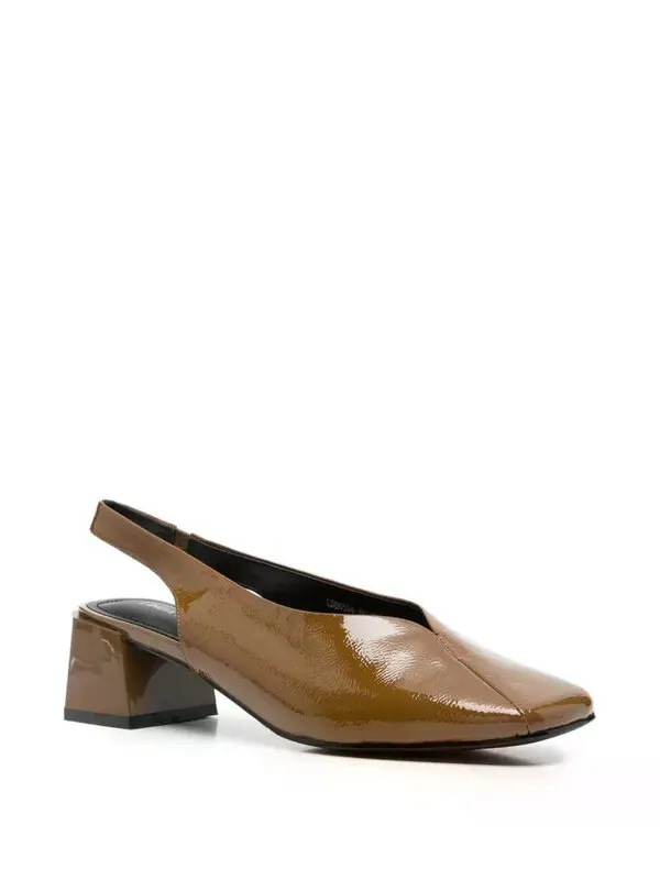 LINDA BAUMANN Patent Leather Slingback Pumps With Square Toe And Mid Block Heel - Brown