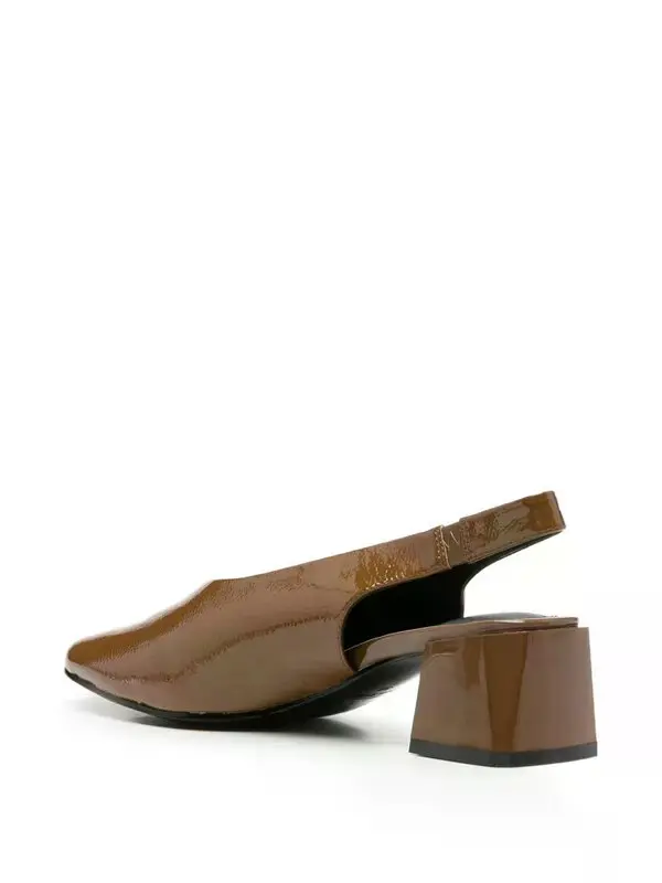 LINDA BAUMANN Patent Leather Slingback Pumps With Square Toe And Mid Block Heel - Brown