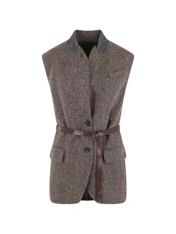 Brunello Cucinelli Herringbone Belted Vest - Brown