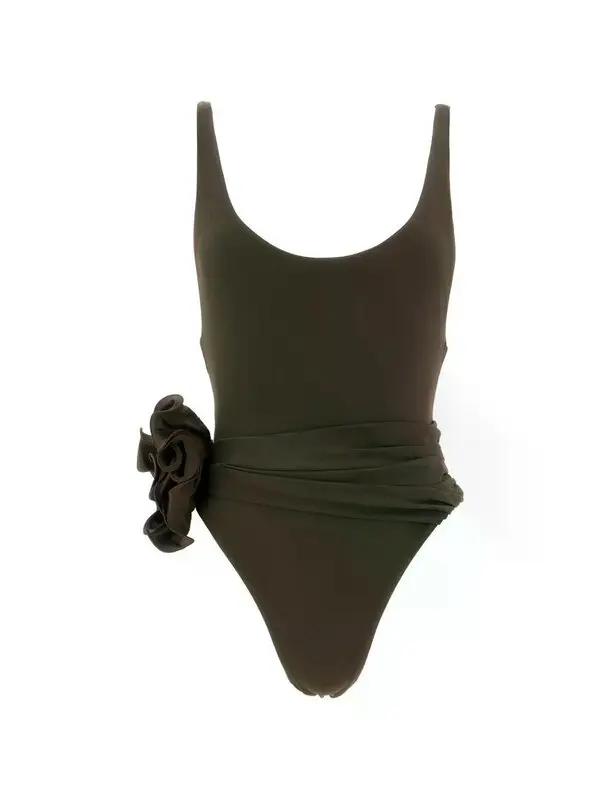 Magda Butrym Floral-appliqué Draped Swimsuit - Brown