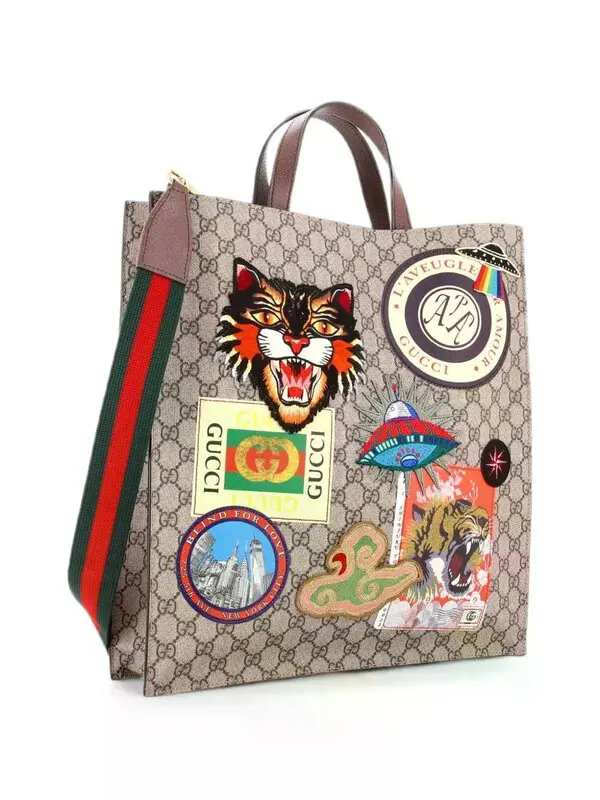 Gucci Gg Coated Canvas North South Tote Bag With Applique - Brown
