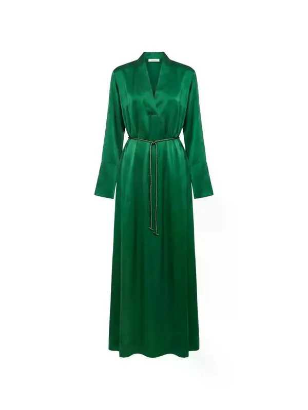 DANAME Deep Satin V-neck Midi Dress With Rope Belt - Green