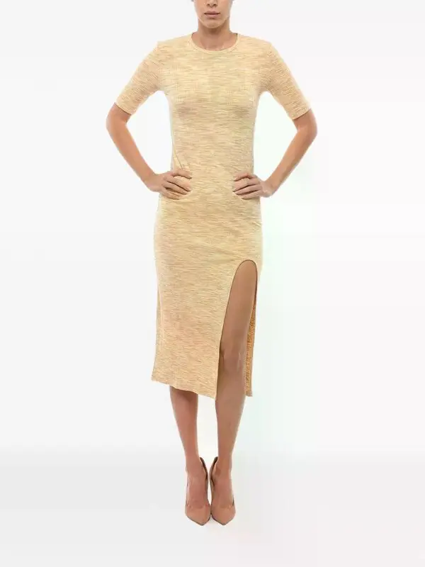 SAMSOE SAMSOE Beige Round Neck Short Sleeve Midi Dress With Front Slit
