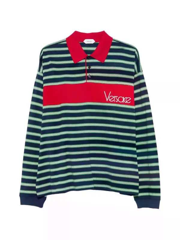 Versace Striped Logo-embroidered Polo Shirt - Blue