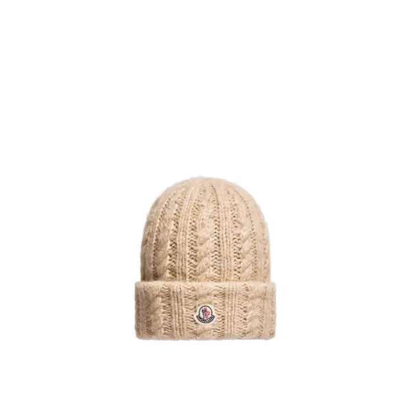 Moncler Cable Knit Wool Blend Beanie - Beige