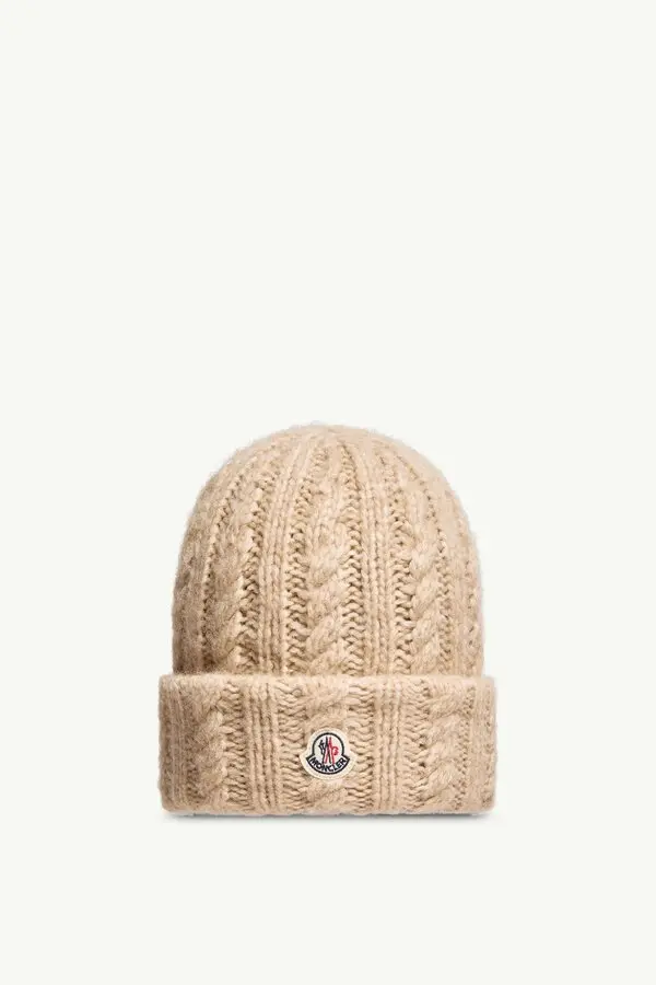 Moncler Cable Knit Wool Blend Beanie - Beige