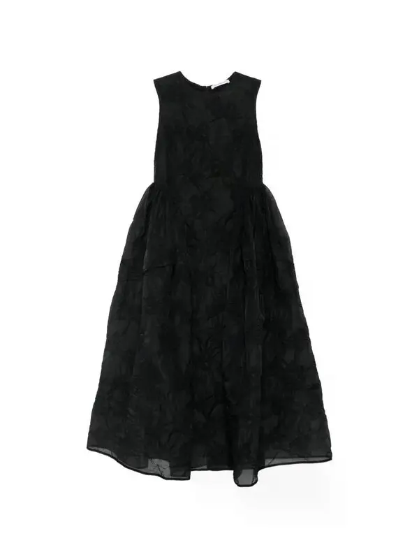 Cecilie Bahnsen Sleeveless Midi Dress With Floral Motif And Ruched Detailing - Black