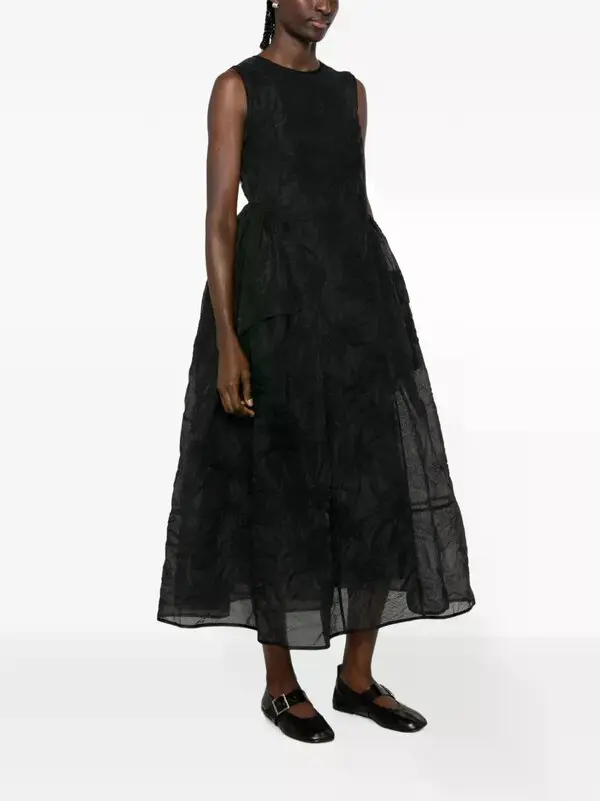 Cecilie Bahnsen Sleeveless Midi Dress With Floral Motif And Ruched Detailing