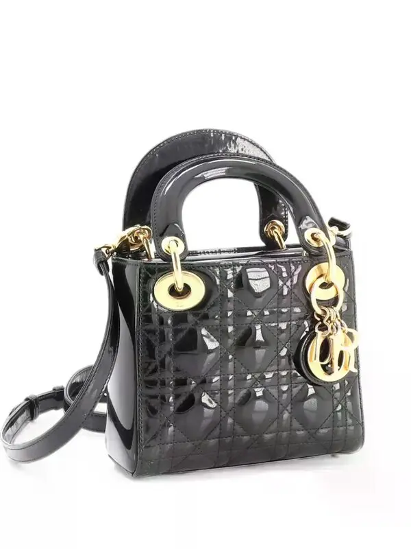 Dior Lady Bag Cannage Quilt Patent Mini Satchel - Black