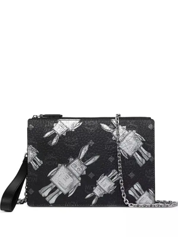 Mcm Visetos-print Robot-motif Shoulder Bag - Black