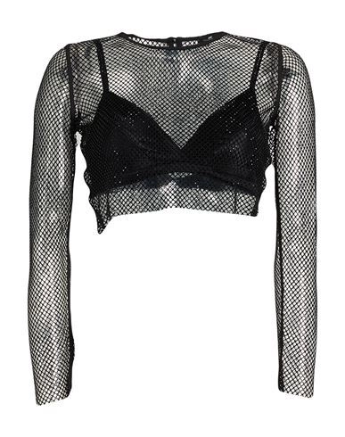 Elisabetta Franchi Fishnet Crystal Embellished Crewneck Long Sleeve Top - Black