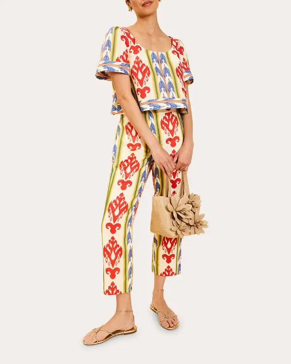 Mestiza New York Maldives Ikat Print Puff Sleeve Crop Top In Cotton-linen Blend