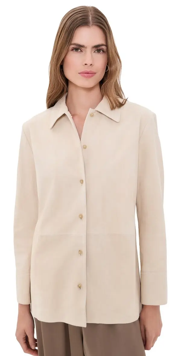 Vince Suede Paneled Button Down Shirt - Sand Beige