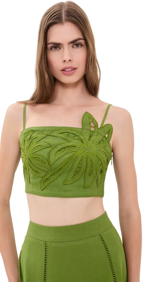 English Factory Palm Tree Embroidered Linen Top - Green