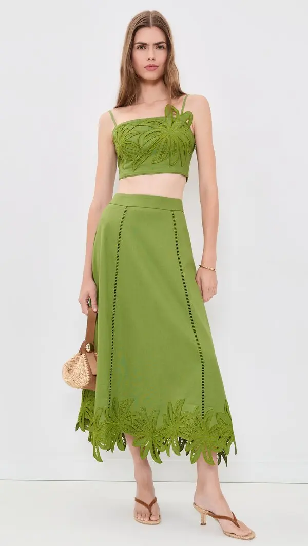 English Factory Palm Tree Embroidered Linen Blend Top