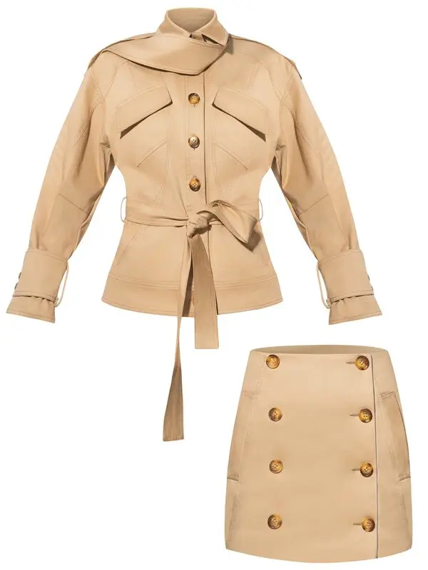 TIA DORRAINE Neutrals Oversized Belted Trench Jacket & Mini Skirt Set - Beige