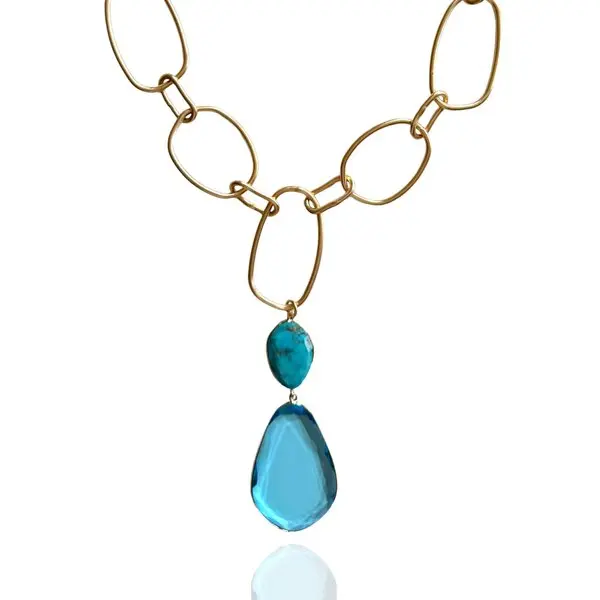 RARE MATTERS JEWELRY Blue / Gold Lux Statement Turquoise Double Drop Pendant Necklace - Blue/gold