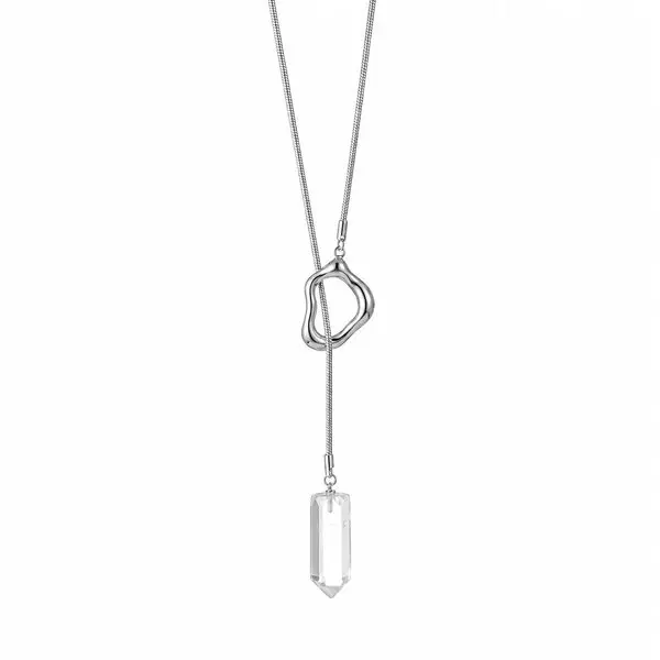 ORMIRO Aether Clear Quartz Crystal And Titanium Steel Lariat Necklace - Silver