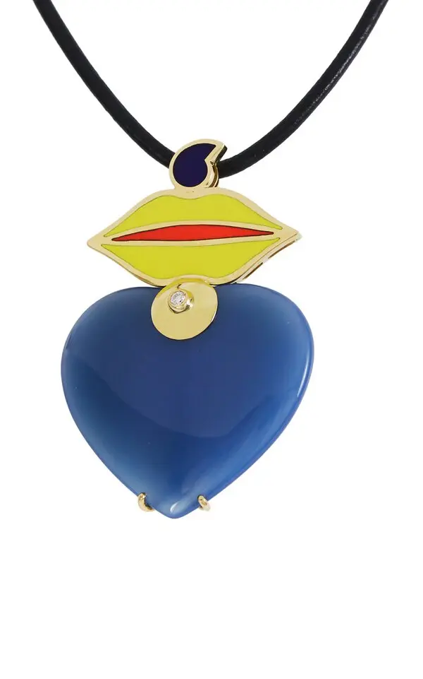 MAHNAZ COLLECTION 18k Gold Chalcedony, Diamond, And Enamel Pendant Giorgio Facchini, C. 1990 - Blue