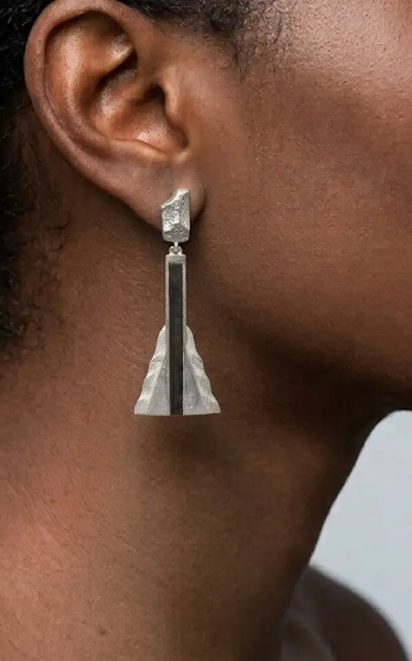 MAHNAZ COLLECTION Lapponia 1986 Wood And Sterling Drop Earrings