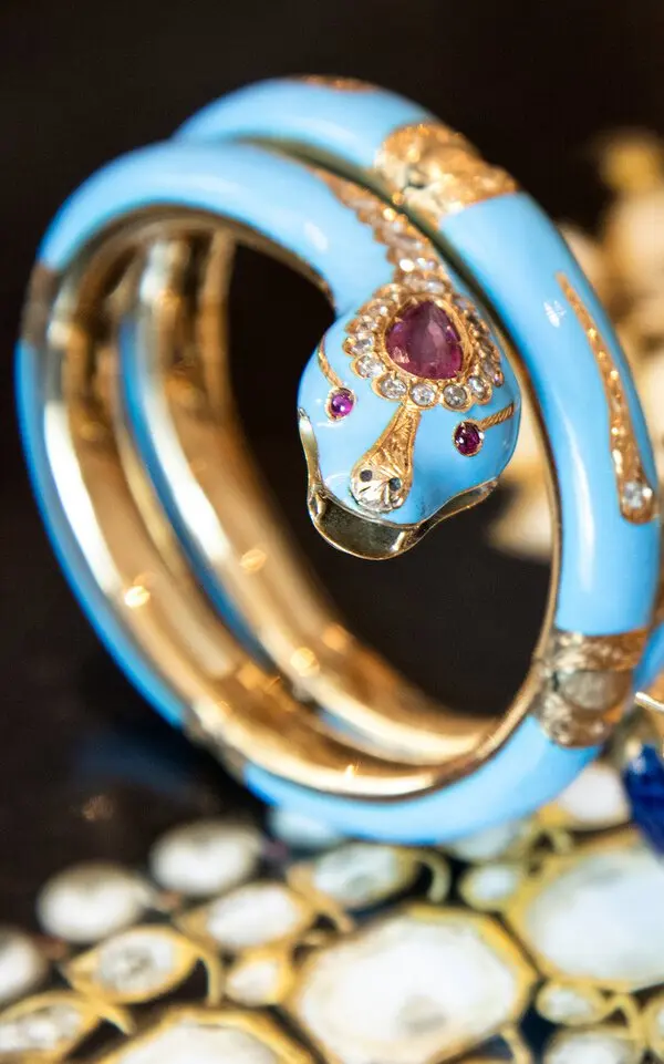 MAHNAZ COLLECTION 18k Yellow Gold Victorian Snake Bracelet With Diamonds And Rubies