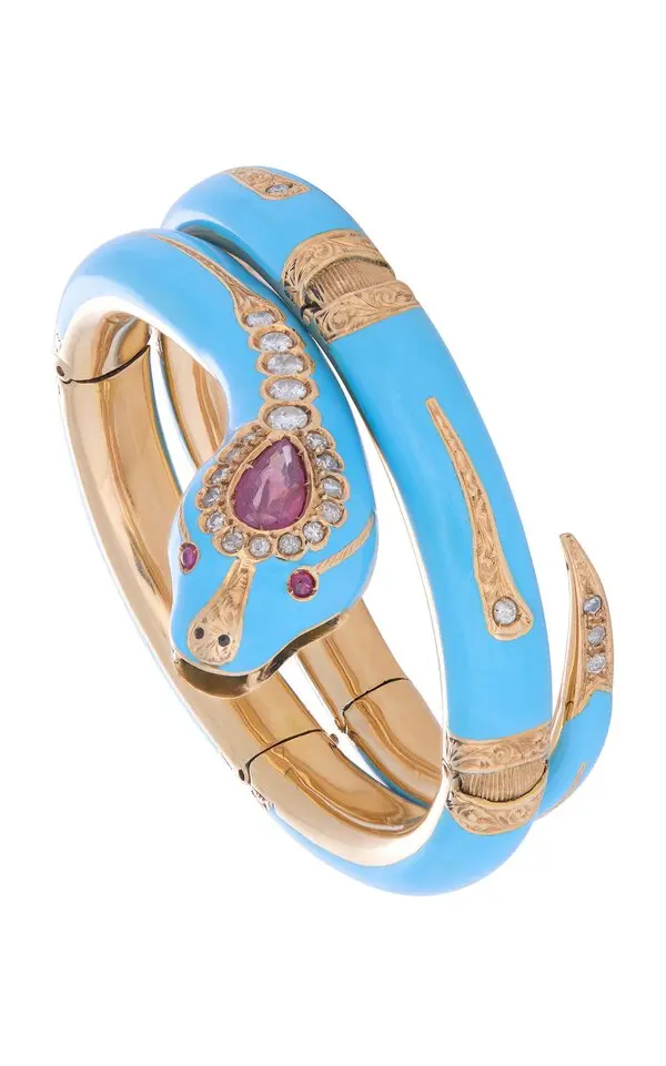 MAHNAZ COLLECTION 18k Yellow Gold Victorian Snake Bracelet With Diamonds And Rubies