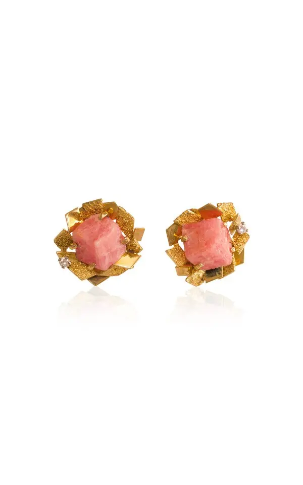MAHNAZ COLLECTION 18k Yellow Gold Earrings With Diamond And Rhodochrosite - Pink