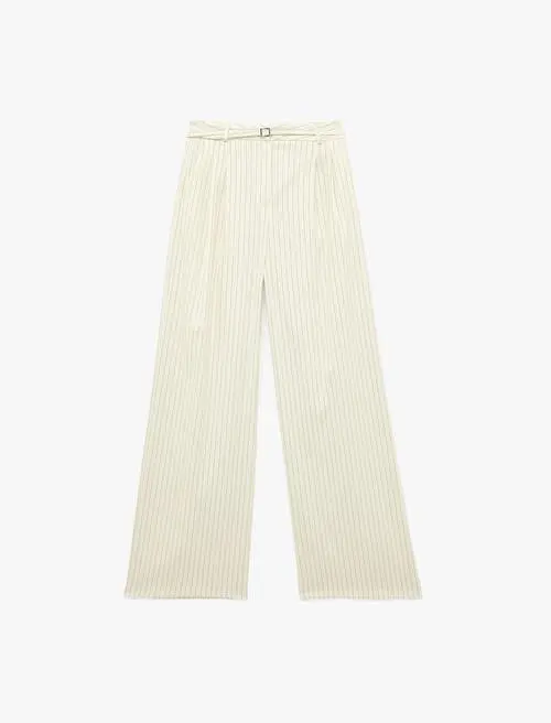 Koton Pinstripe Wide Leg Trousers With Belt