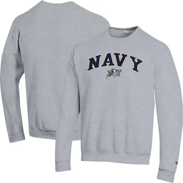 Champion Navy Midshipmen Arch Over Logo Pullover Sweatshirt - Heather Gray