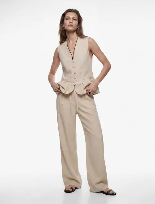 Koton V-neck Sleeveless Linen Peplum Vest - Beige