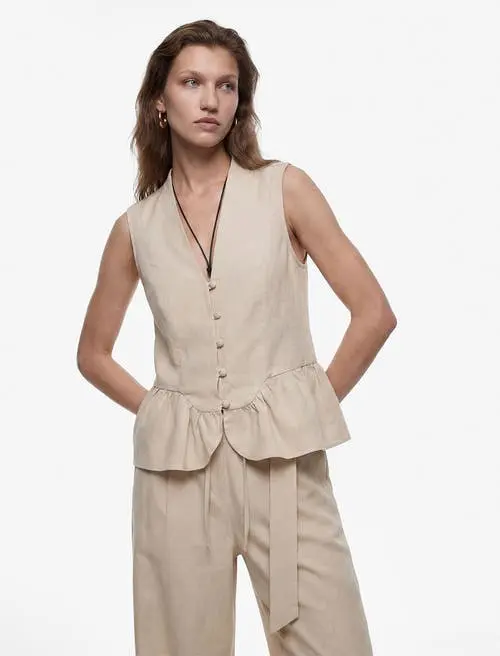 Koton V-neck Sleeveless Peplum Linen Blend Vest