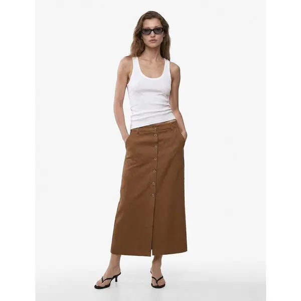 Koton Button Down Midi Linen Skirt - Brown