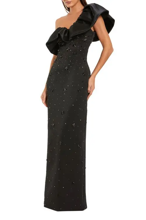 Mac Duggal One Shoulder Crepe Crystal Embellished Gown - Black