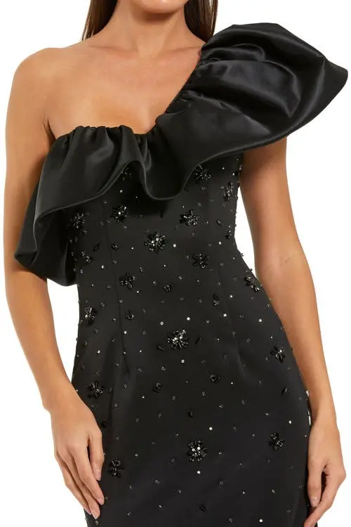 Mac Duggal One-shoulder Crepe Gown With Crystal Embellishments